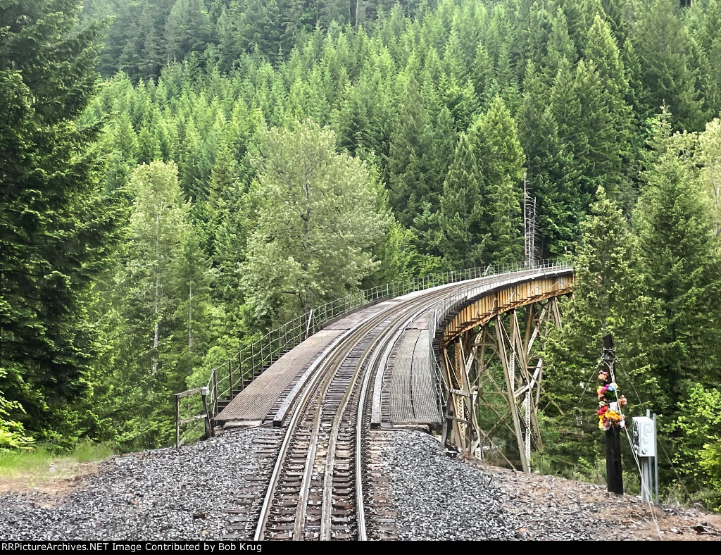 View out the rear car on the northbound Coast Starlgiht while descending Pengra Pass on UP's ...